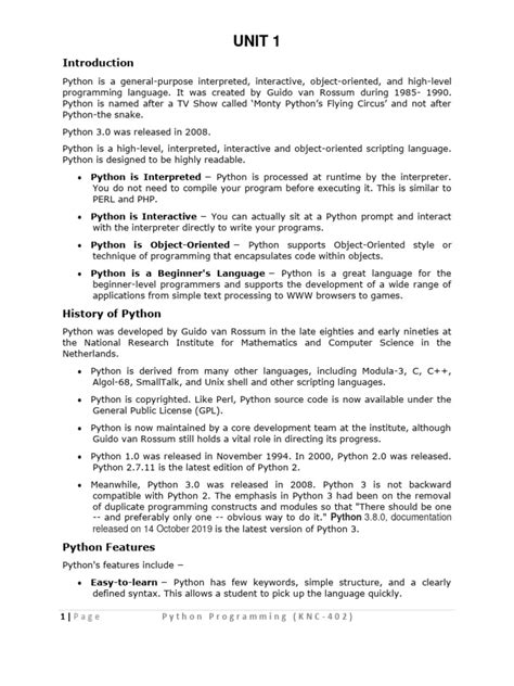 Python Notes Knc 402 Unit 1 Pdf Python Programming Language