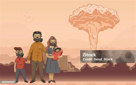 핵 폭발 배경 가스 마스크에 가족입니다 미래 Apocalyptical 장면입니다 평면 벡터 일러스트입니다 수평 가족에 대한 스톡