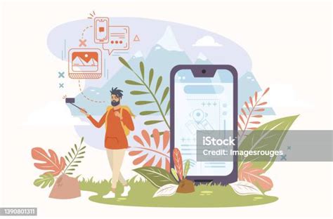 남자는 스마트 폰으로 여행을 올려다 본 후 산에서 셀카를 찍습니다 Brand Name Smart Phone에 대한 스톡 벡터