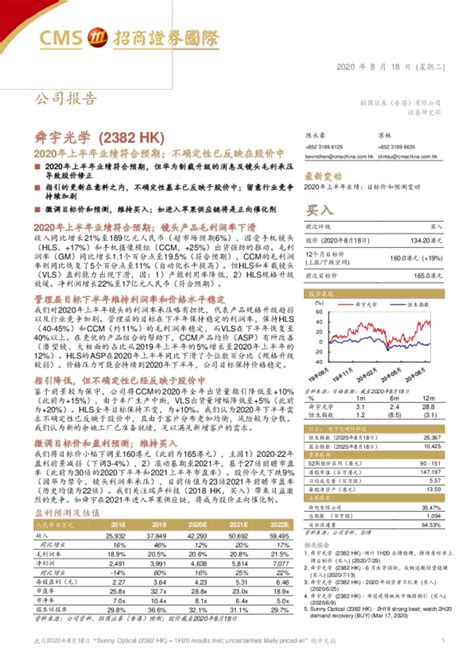 2020年上半年业绩符合预期；不确定性已反映在股价中
