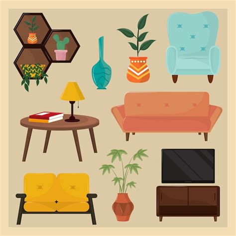 Conjunto de iconos de decoración del hogar interior Vector Premium