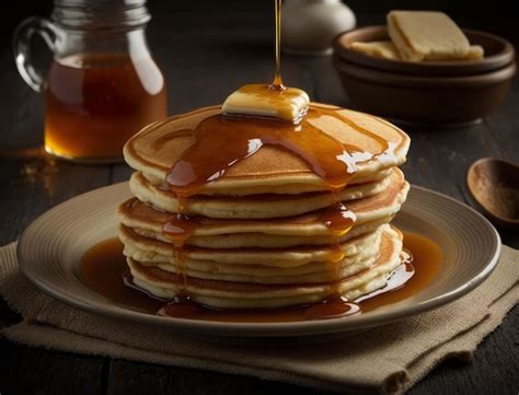 Premium Photo A Stack Of Pancakes With Syrup Being Poured Over Them
