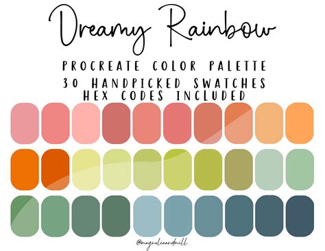 Dreamy Rainbow Procreate Color Palette Color Swatches Rainbow Color Palette Canva Adobe