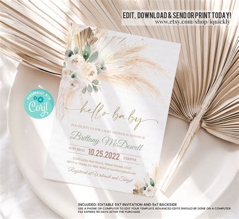 Editable Boho Pampas Grass Baby Shower Invitation Gender Etsy