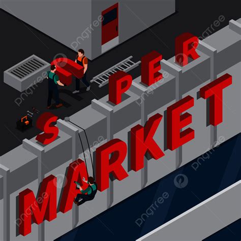 Signboard Installation Isometric Composition With Workers On