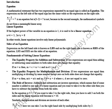 Cbse Class 8 Maths Linear Equations In One Variable Worksheet