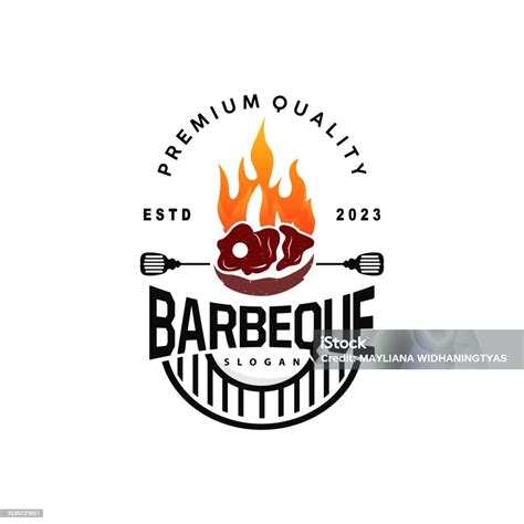 바베큐 로고 불과 주걱이 있는 핫 그릴 디자인 벡터 바베큐 그릴 빈티지 삼부작 카페 레스토랑 바를 위한 레트로 소박한 로고 고기에 대한 스톡 벡터 아트 및 기타 이미지