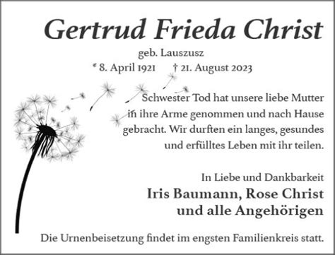 Traueranzeigen Von Gertrud Frieda Christ Vrm Trauer De