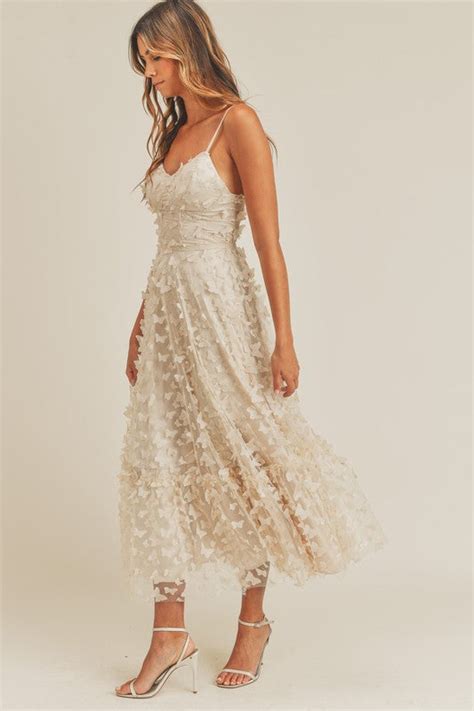 Cream Butterfly Mesh Lace Up Back Bustier Midi Dress Hippie Vibe Tribe