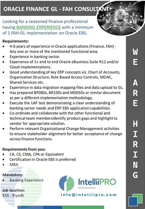 Hiring Oraclejobs Riyadh Saudiarabia Oraclefinancials Bankingsector Intelliipro Technologies