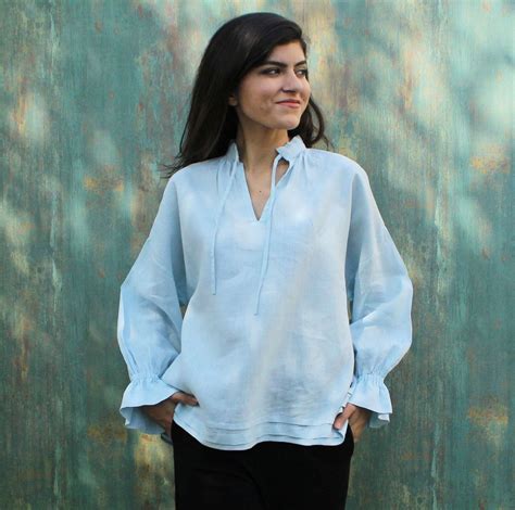 Blue Linen Top Linen Tunic Top Kimono Sleeves Linen Blouse Long