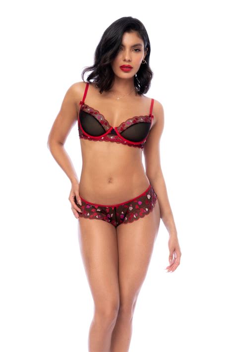 Sexy Black And Red Heart Underwire Bra Garter Belt Panty Lingerie