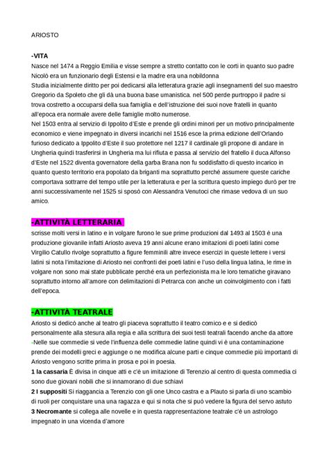 Appunti Su Ariosto E Le Sue Principali Opere Docsity