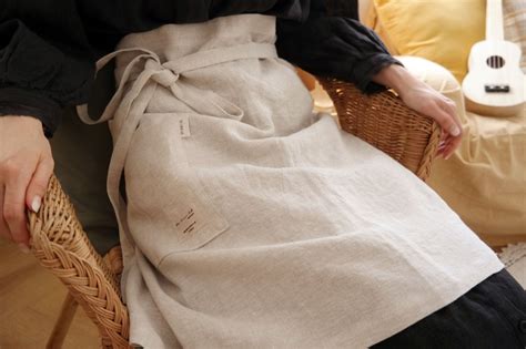 Linen Simple Half Apron With Blue Stripe And Natural Color The Linen Lab