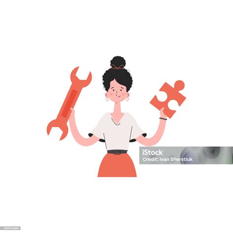 한 여자가 손에 퍼즐을 들고 허리 깊숙이 서 있습니다 격리 프리젠 테이션 사이트를위한 요소 고객에 대한 스톡 벡터 아트 및 기타 이미지 Istock