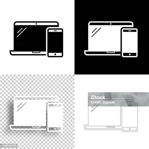 노트북과 스마트폰 디자인 아이콘입니다 빈 흰색 및 검은색 배경 선 아이콘 Brand Name Smart Phone에 대한 스톡