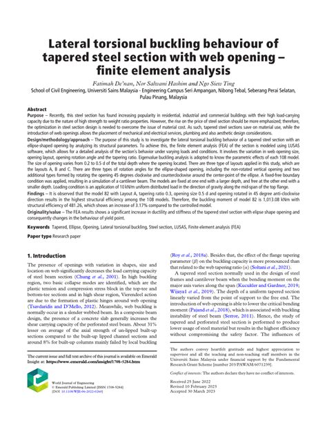 Pdf Lateral Torsional Buckling Behaviour Of Tapered Steel Section