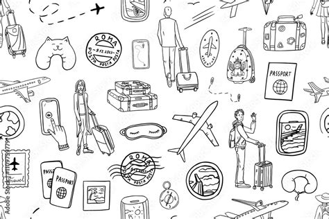 Cute Seamless Pattern Of Travel Theme In Doodle Style Suitcase