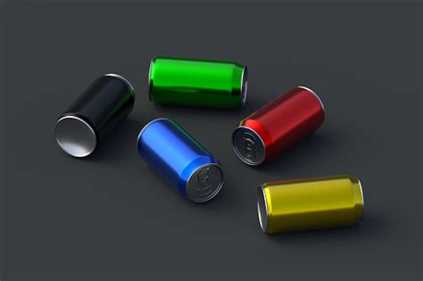 검은 배경에 흩어져있는 다채로운 알루미늄 소다 캔 맥주용 금속 주석 주스 및 기타 다과 음료를 담을 수 있는 빈 항아리 액체 제품 포장 3d 렌더 0명에 대한 스톡 사진 및