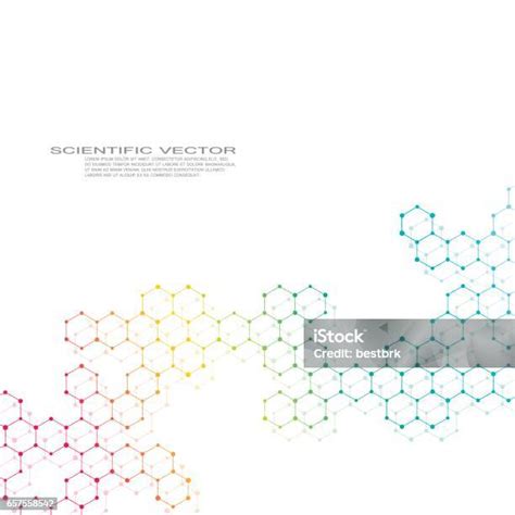 6 각형는 분자 분자 구조입니다 유전과 화학 화합물입니다 화학 의학 과학 및 기술 개념입니다 기하학적 추상 배경입니다 원자 Dna와 신경 벡터 0명에 대한 스톡 벡터 아트