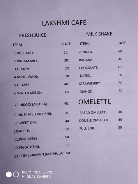 Menu At LAKSHMI CAFE Chennai Park