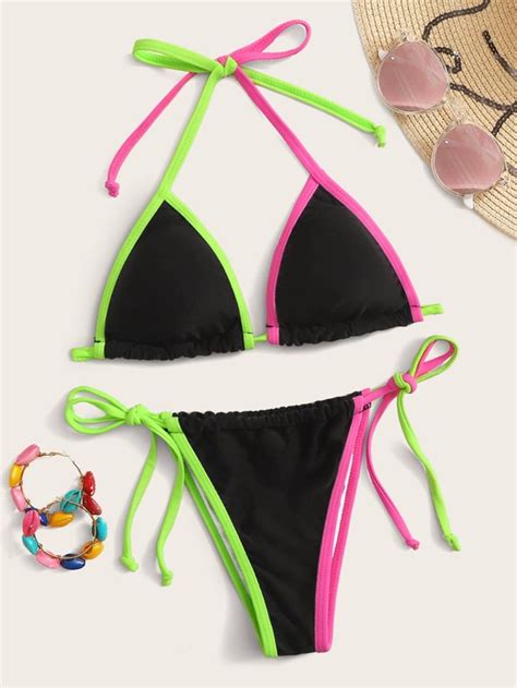 Contrast Binding Triangle Tie Side Bikini Swimsuit SHEIN UK