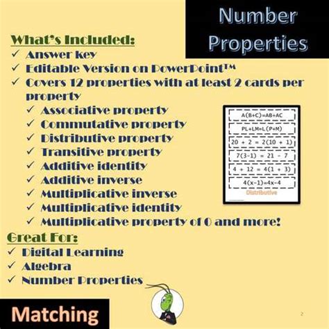 Number Properties Matching Activity For Algebra By Grasshopper Mathematics