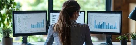 Focused Businesswoman Analyzing Data Charts On Dual Monitors In Office