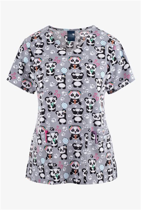 Zoe And Chloe Panda Jams Womens 2 Pocket Stretch V Neck Print Scrub Top