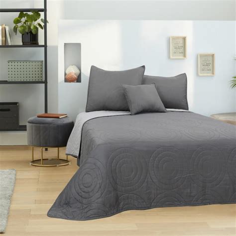 Couvre Lit Boutis 4 Pièces Bicolore Piquage Circle Acier Sliver