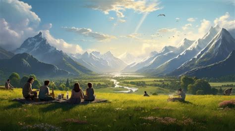 Una pintura de un paisaje con montañas y un río Foto Premium