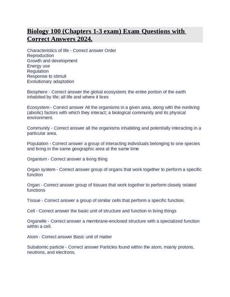 Biology 100 Chapters 1 3 Exam Exam Questions With Correct Answers 2024 Exams Biology Docsity