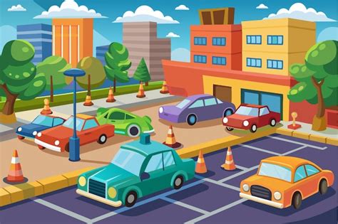 A Vibrant Cartoon Showcases A Customizable Parking Lot Filled With Cars