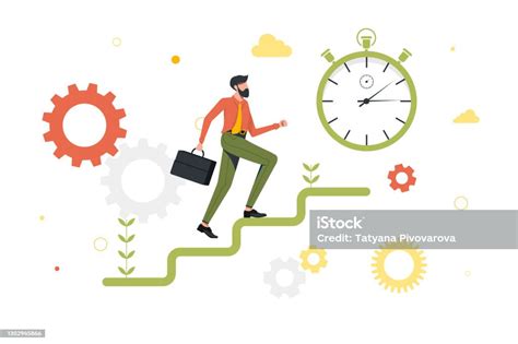커리어 사다리를 달리는 사업가 경력 개발 배너 자기 구축 경력 개인 성장 전문적인 진보의 개념 작업을 완료합니다 스톱 워치 벡터 일러스트레이션 포부에 대한 스톡 벡터 아트