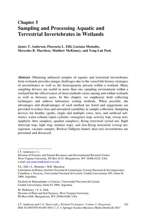 Pdf Sampling And Processing Aquatic And Terrestrial Invertebrates In Wetlands