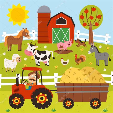 granjero monta un tractor y animales de granja de pie en el corral ilustración vectorial eps