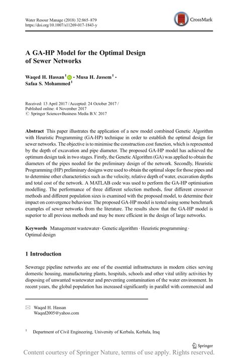 A Ga Hp Model For The Optimal Design Of Sewer Networks Request Pdf