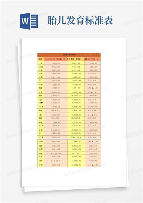 胎儿发育标准表Word模板下载 编号qvwgvonw 熊猫办公