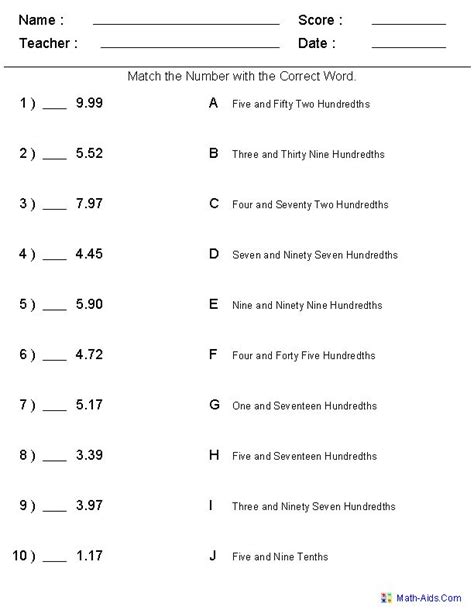 Decimal Numbers And Word Names Worksheet