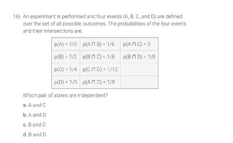 Solved An Experiment Is Performed And Four Events A B C Chegg Com