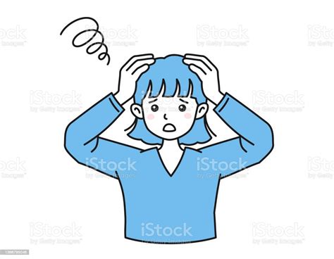 고민하는 표정을 가진 여성의 일러스트 머리를 들고 포즈를 취하고 흰색 배경에 벡터 일러스트 디자인 요소 걱정하는에 대한 스톡