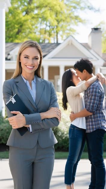 Front View Of Smiley Female Realtor With Young Couple Embracing In The