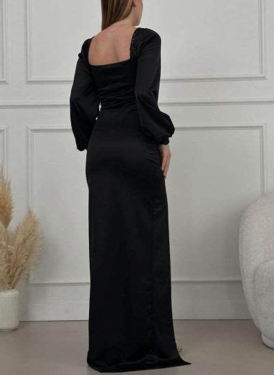Long Sleeves Square Neckline Sheathcolumn Elastic Satin Cocktail