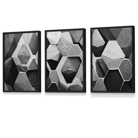 Geometric Abstract Black And Grey Set Of 3 Framed Art Artze Wall Art