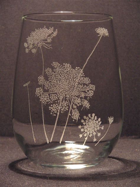 Queen Annes Lace Etched Stemless Wine Glass Hand Engraved Design