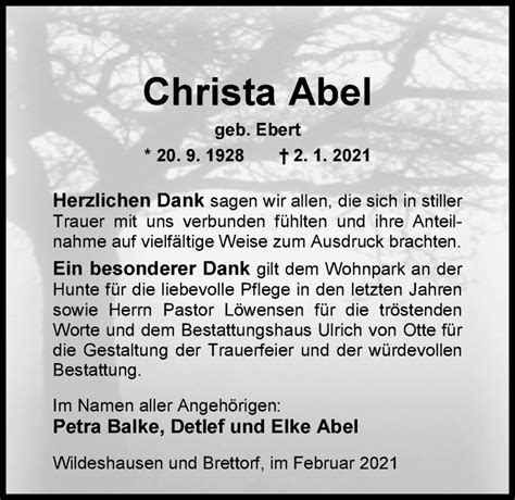 Traueranzeigen Von Christa Abel Nordwest Trauer De