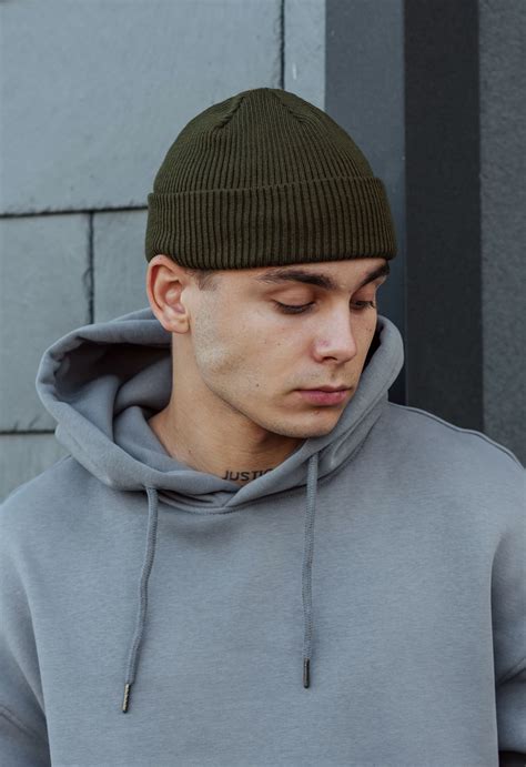 Шапка біні чоловіча Staff біні Khaki хакі з відворотом недорога тепла однотонна ціна