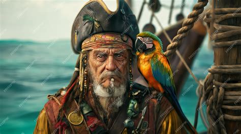 Pirate With A Parrot Perched On His Shoulder Scanning The Horizon For