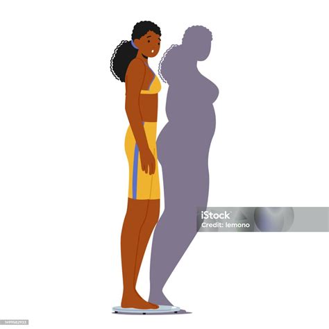비늘 위에 서 있는 날씬한 여자 캐릭터는 자신의 그림자를 바라보며 자신을 과체중으로 인식한다 가냘픈에 대한 스톡 벡터 아트 및