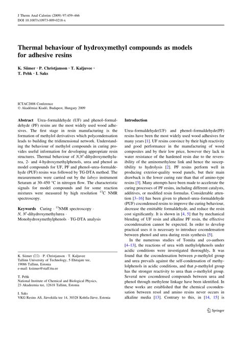 Pdf Thermal Behaviour Of Urea Formaldehyde Resins During Curing